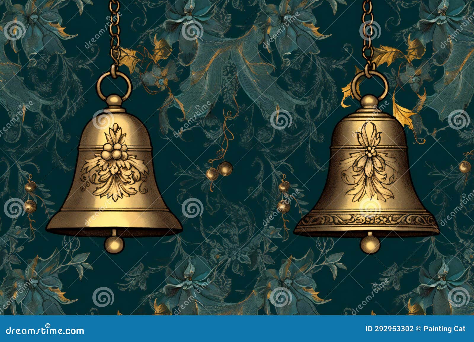 Seamless Pattern with Vintage Bells and Ornaments Stock Illustration ...