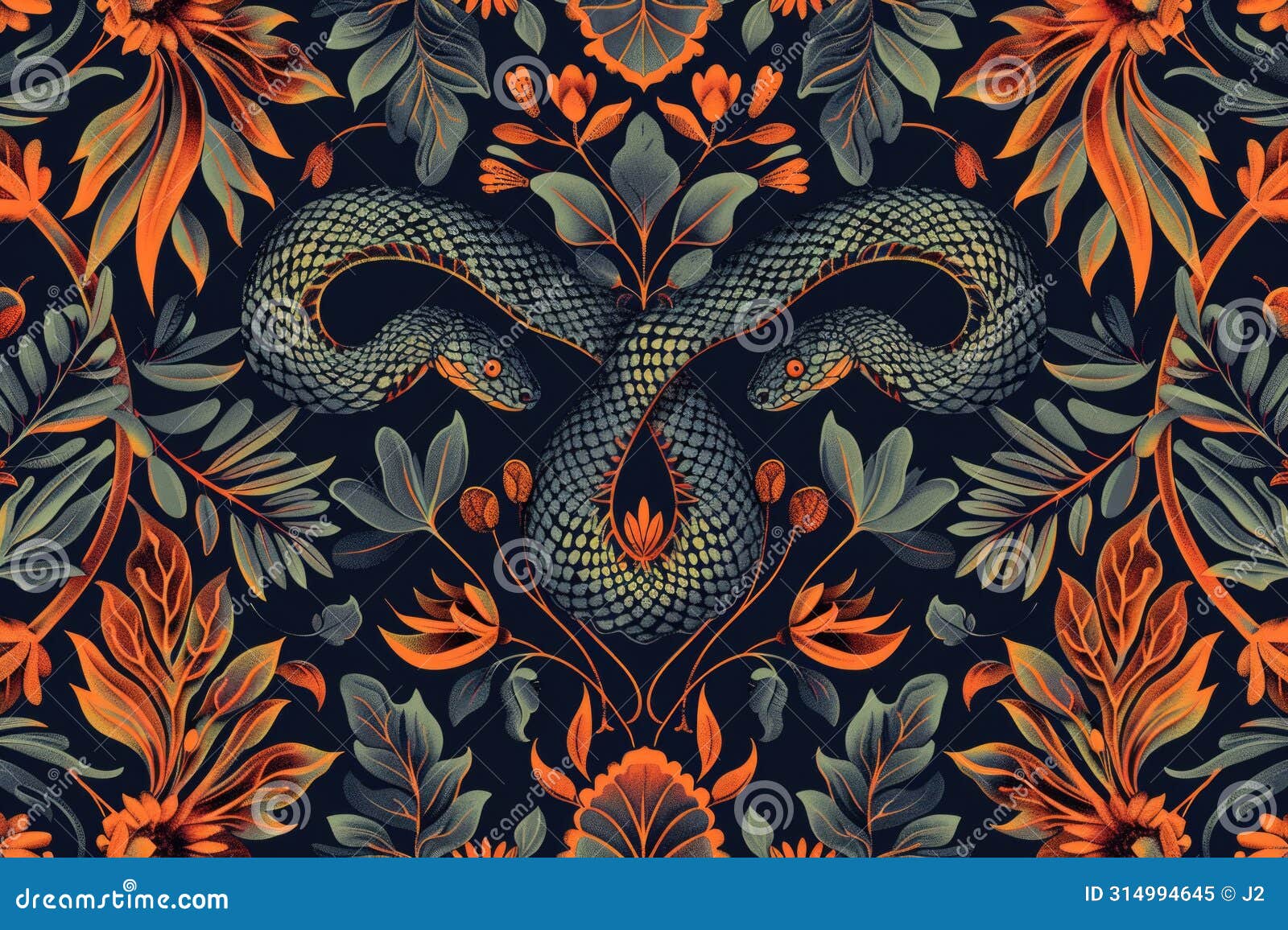 Illustration of Serpentine Forms and Foliage in Symmetrical Pattern ...