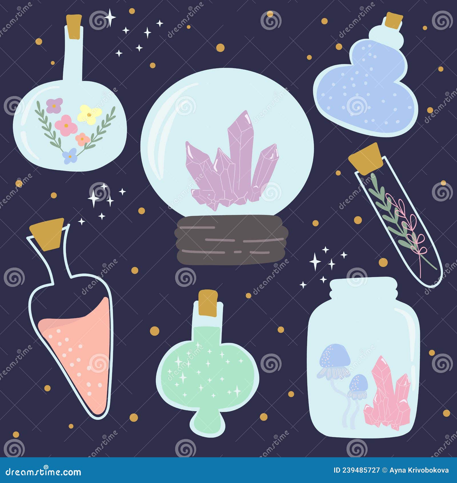 Illustration of a Set of Bottles of Magic Elixirs, Potions, Jar with ...