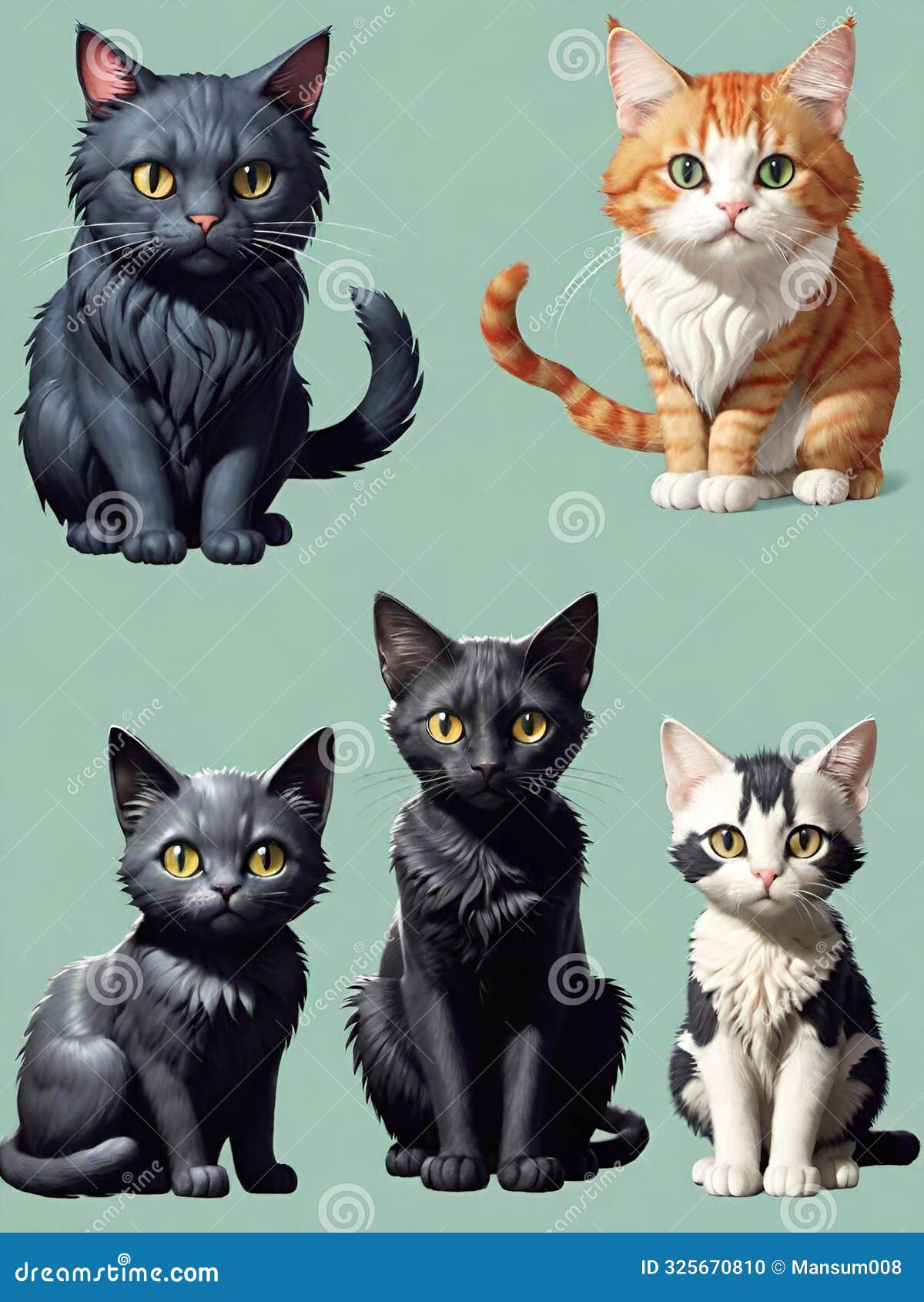 Illustration Set of Cute Cats with a Green Color Stock Illustration ...