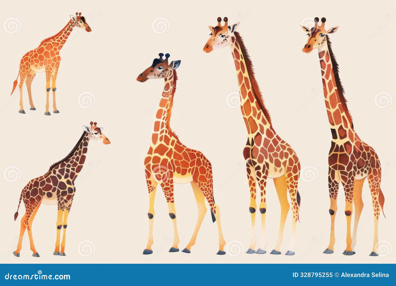 Illustration Set Of A Few Cartoon Giraffes In Various Poses On Light ...