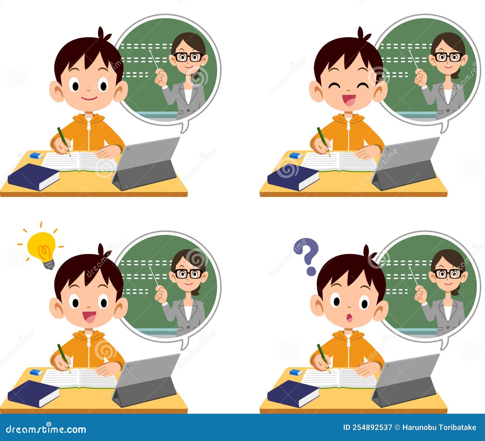 Illustration Set of a Girl Taking an Online Class on a Tablet Stock ...