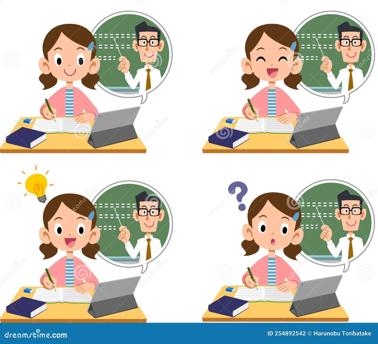 Illustration Set of a Girl Taking an Online Class on a Tablet Stock ...