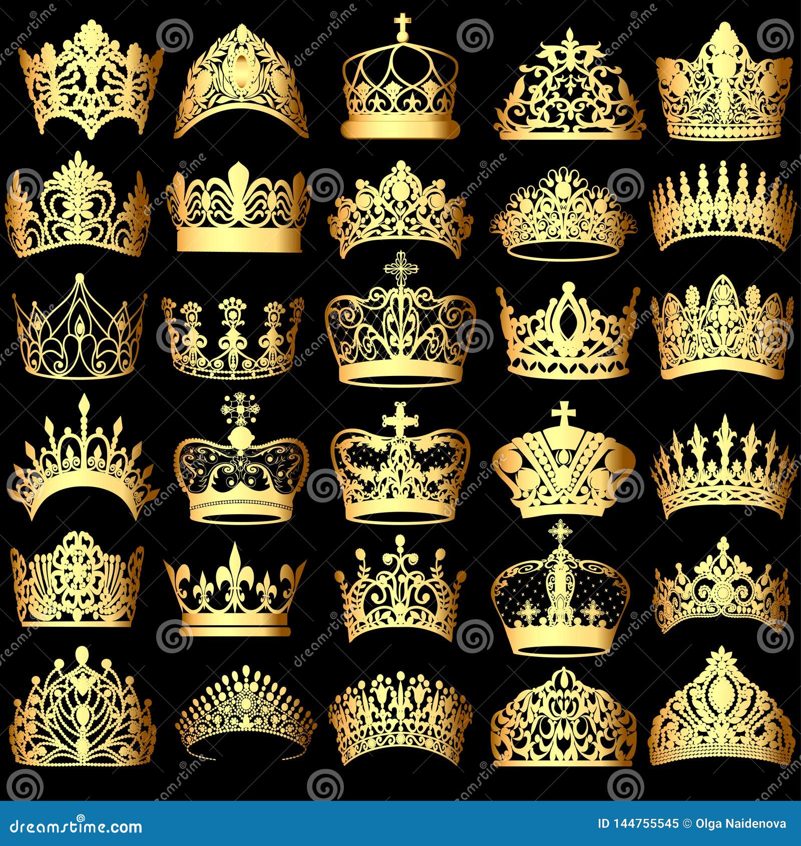 Set of Gold Crowns on a Black Background Stock Vector - Illustration of ...