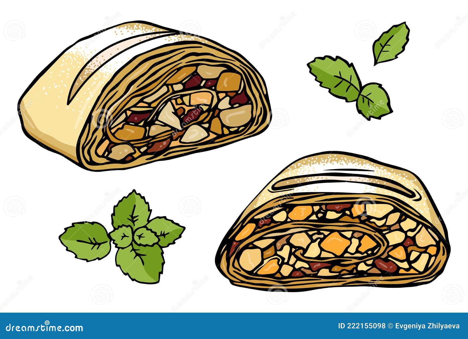 Slices Viennese Apple Strudel Black Outline On White Background ...