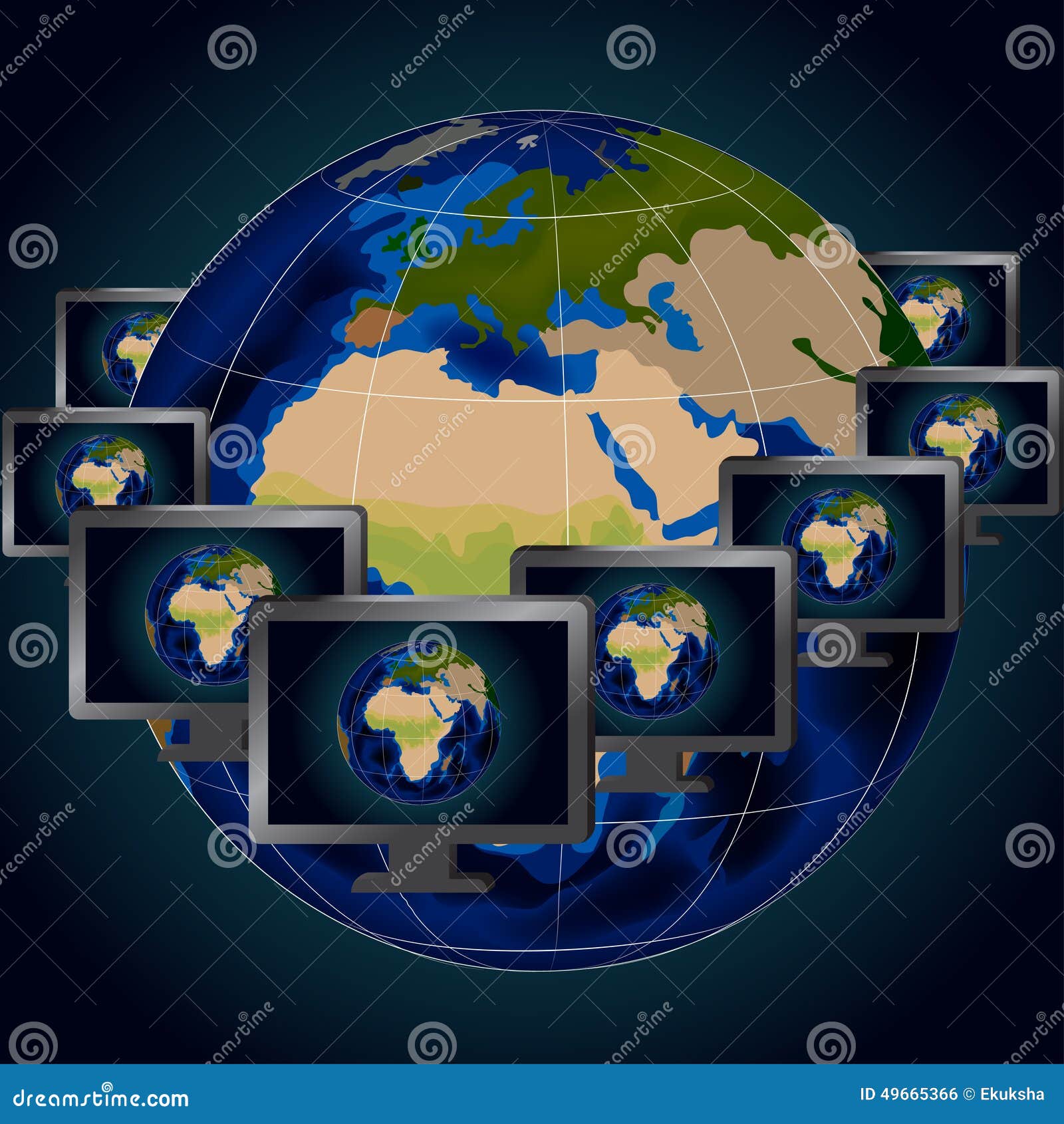 Illustration of Several Computer Monitors Over Background of Globe ...