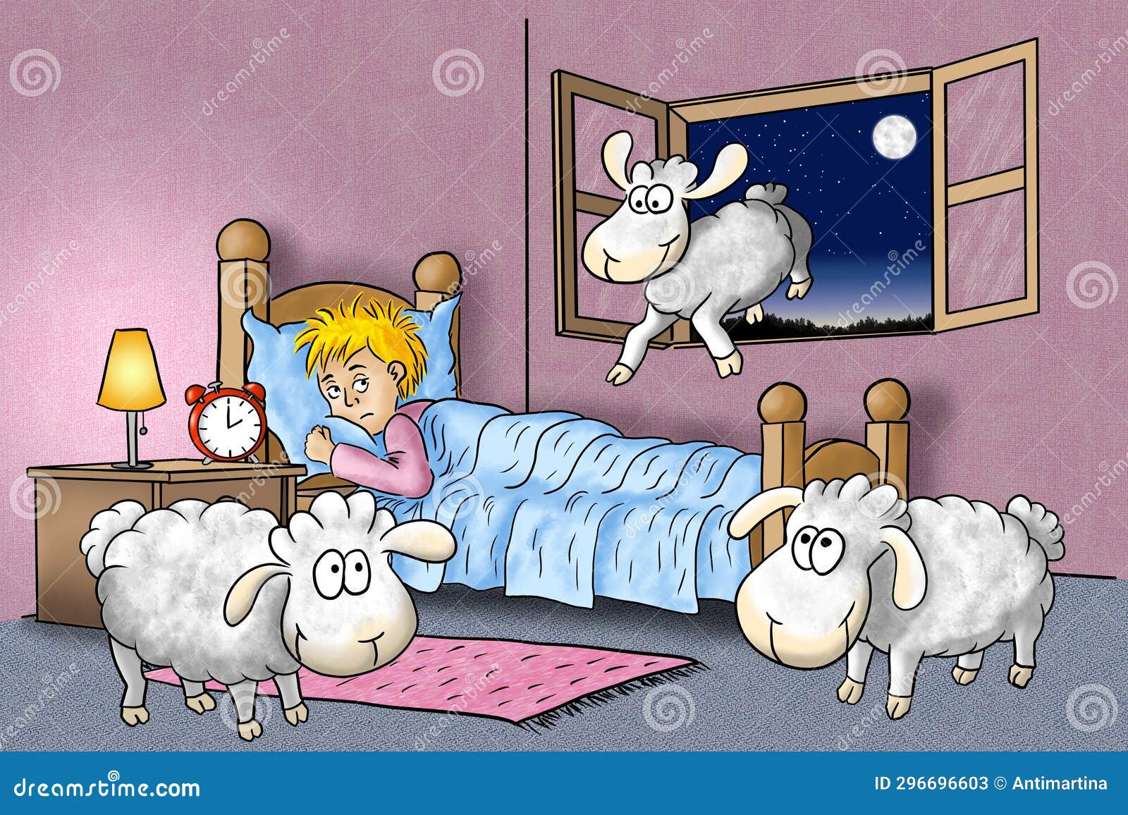 Illustration of Sheep Jumping Over Bed of a Sleepless Man Stock ...