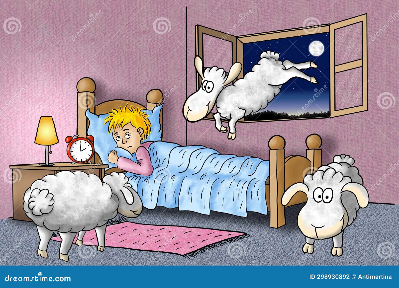 Illustration of Sheep Jumping Over Bed of a Sleepless Man Stock ...