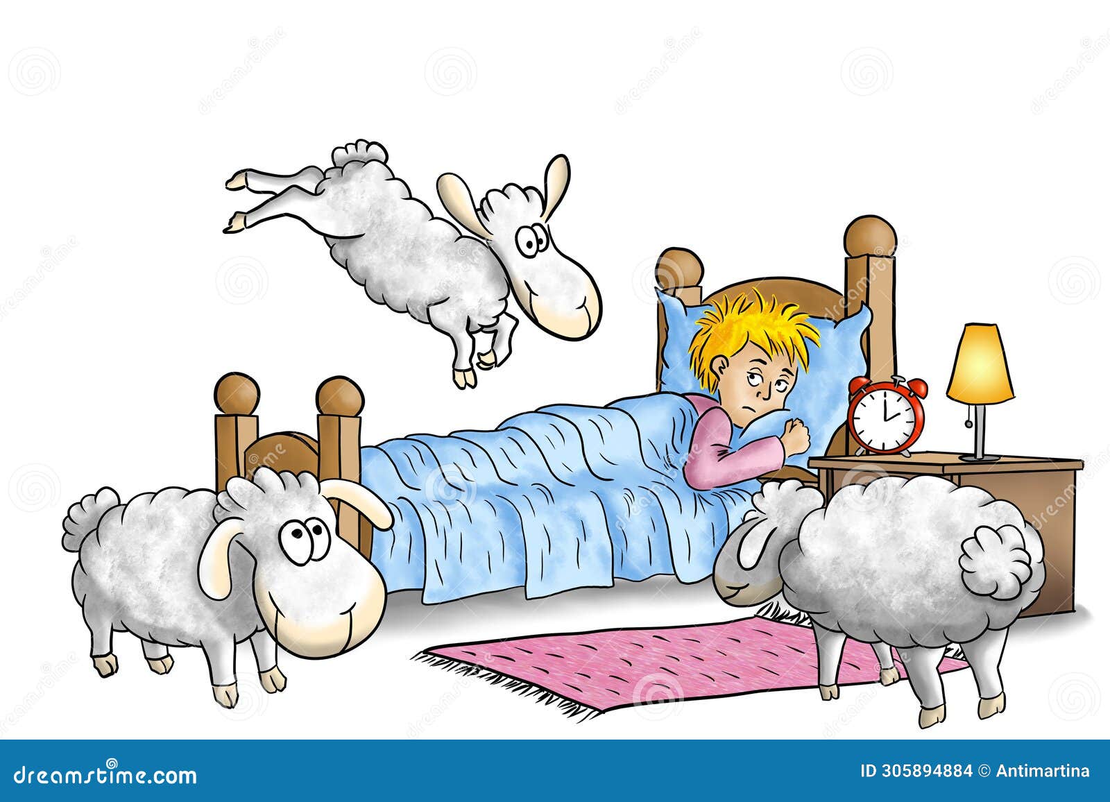 Illustration of Sheep Jumping Over Bed of a Sleepless Man Stock ...