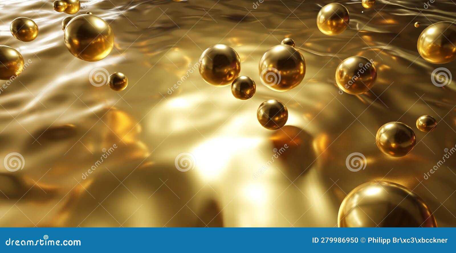 Illustration of Shiny Gold Balls Floating in Water in 3D Render 3d ...
