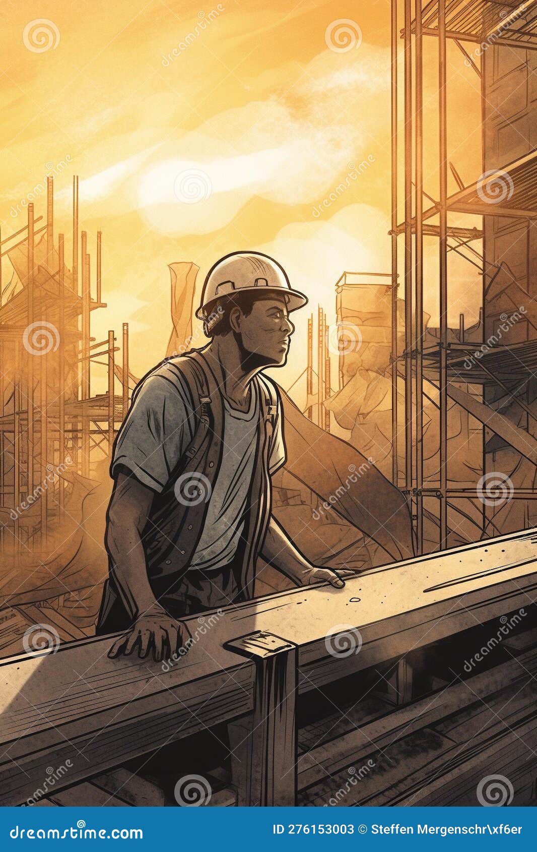 Construction Worker Operating Power Tool on Site Stock Illustration ...