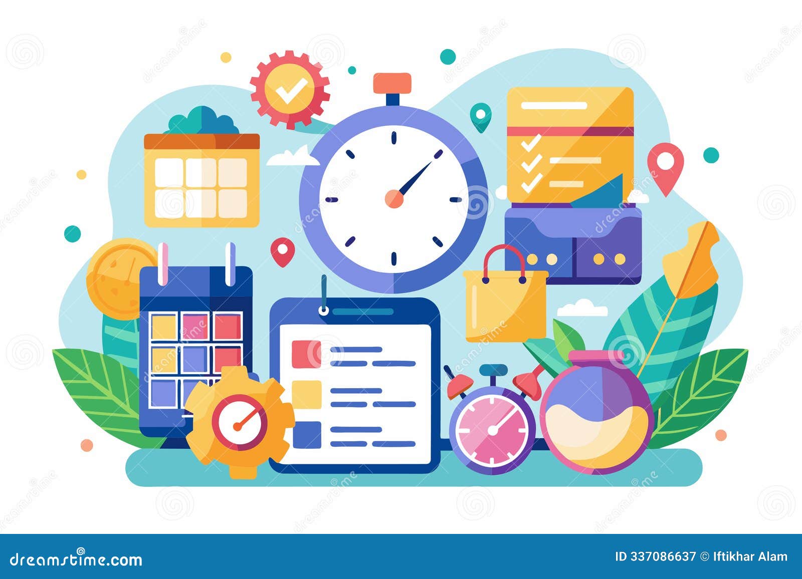 This Illustration Showcases Various Time Management Tools Like Clocks ...