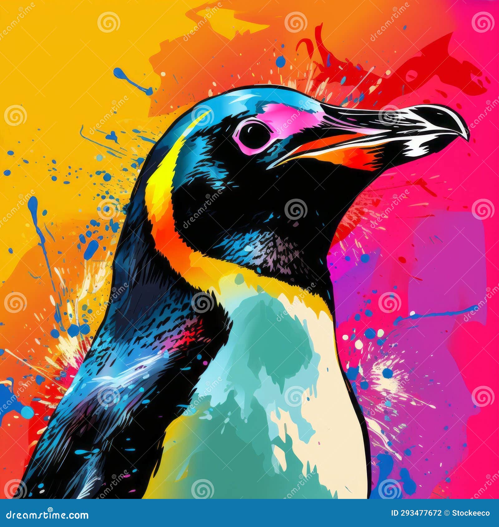 Colorful Pop Art Penguin Illustration on Explosive Wildlife Background ...