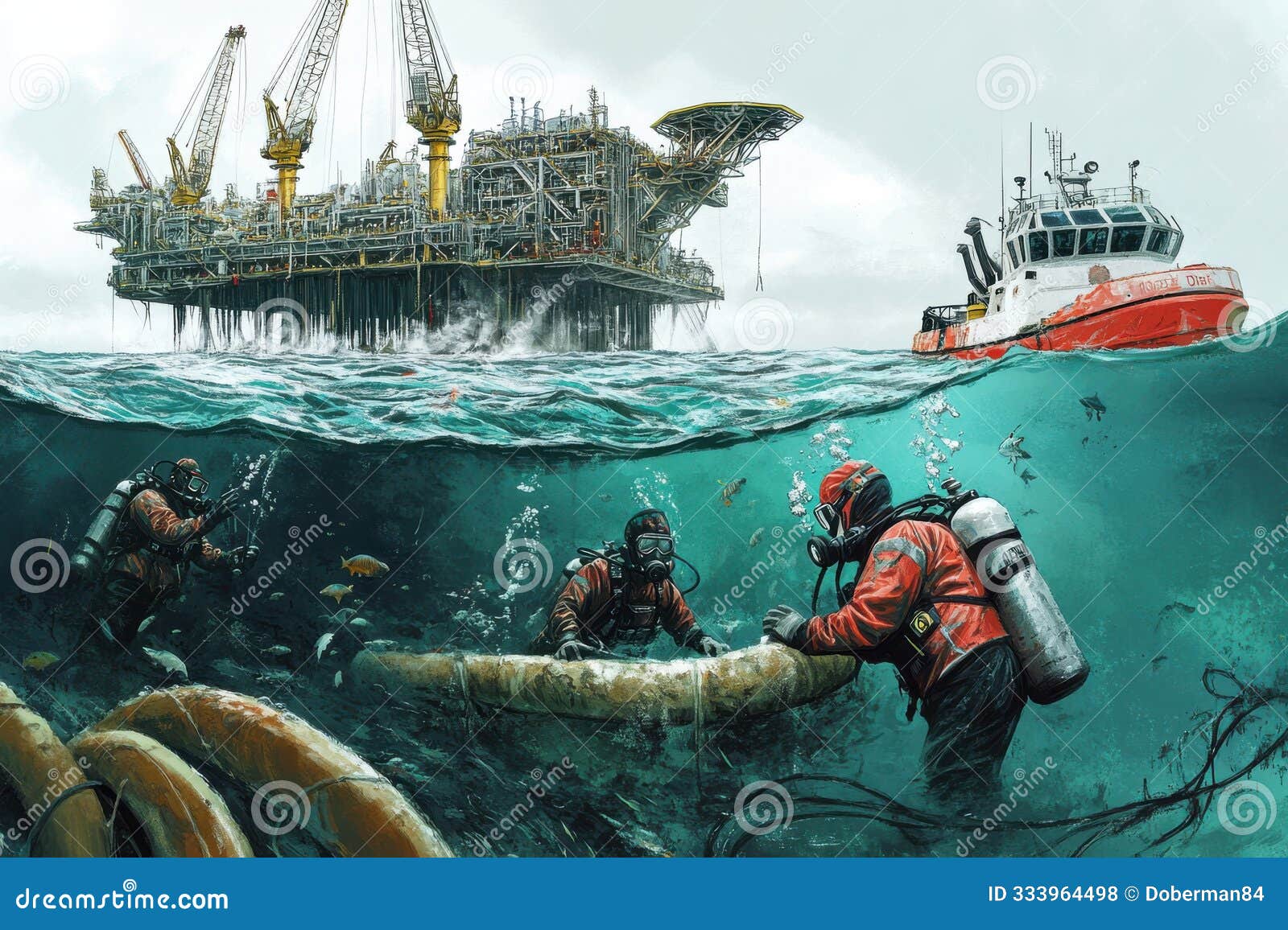 Team of Divers Working Underwater Near an Offshore Oil Rig with Support ...