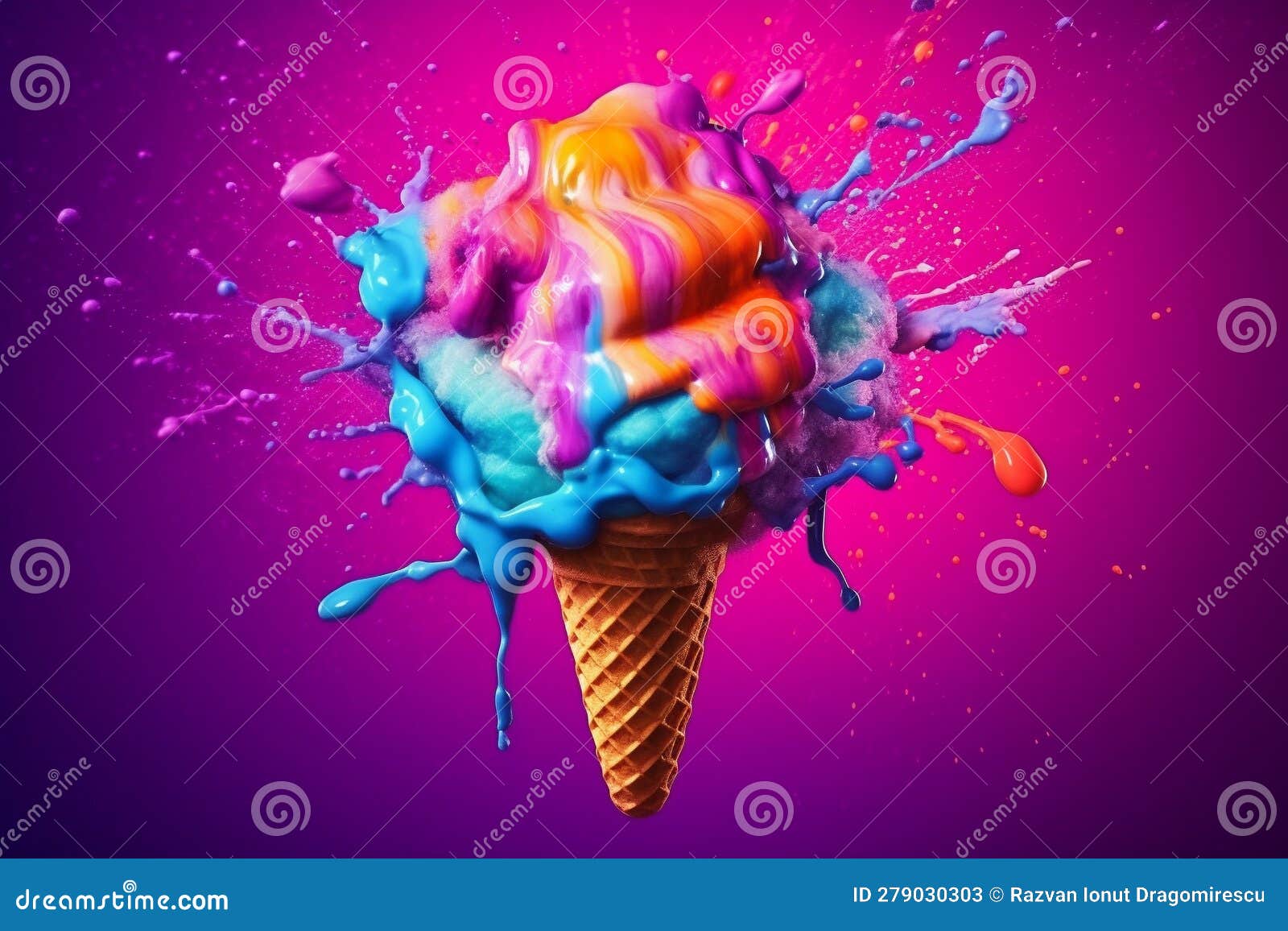 Illustration Showcasing An Ice Cream Cone With Vibrant Colors, Melting ... Illustration Showcasing An Ice Cream Cone With Vibrant Colors, Melting ...