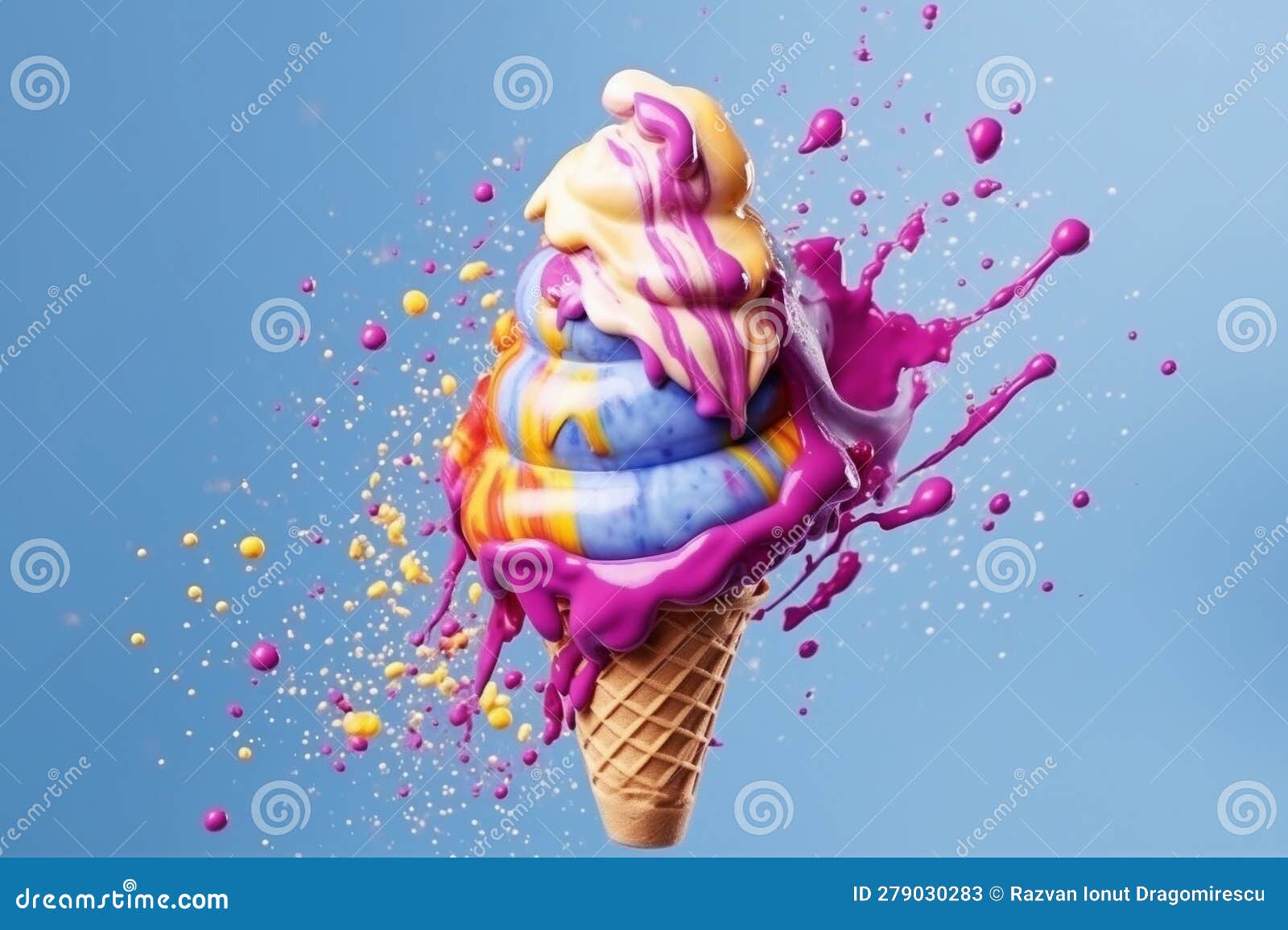 Illustration Showcasing An Ice Cream Cone With Vibrant Colors, Melting ... Illustration Showcasing An Ice Cream Cone With Vibrant Colors, Melting ...