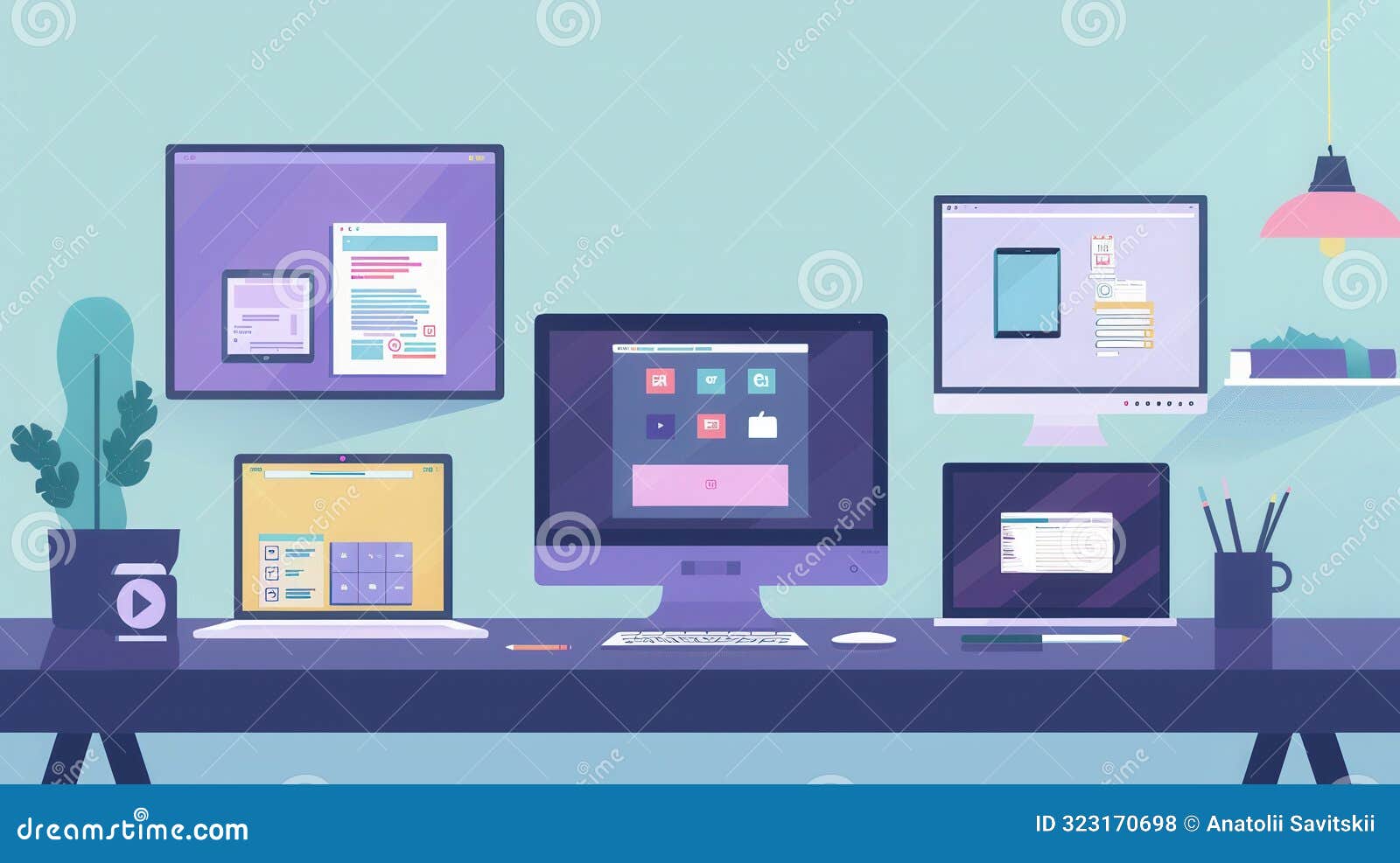 An Illustration Showcasing a Modern Desk with Multiple Laptops and ...