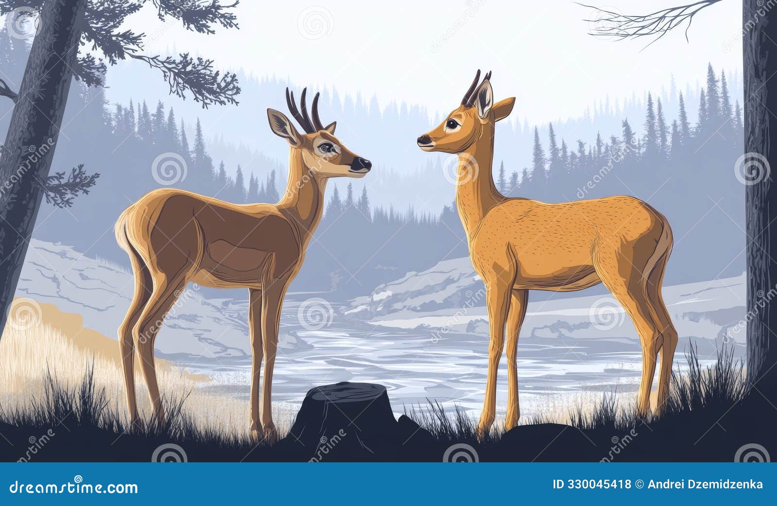 Illustration Showing a Deer and Impala Playing by the River Stock Photo ...