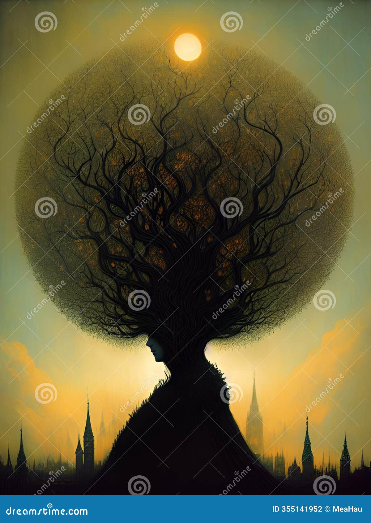 An Illustration Showing a Large Tree and the Sun on it. Stock Photo ...