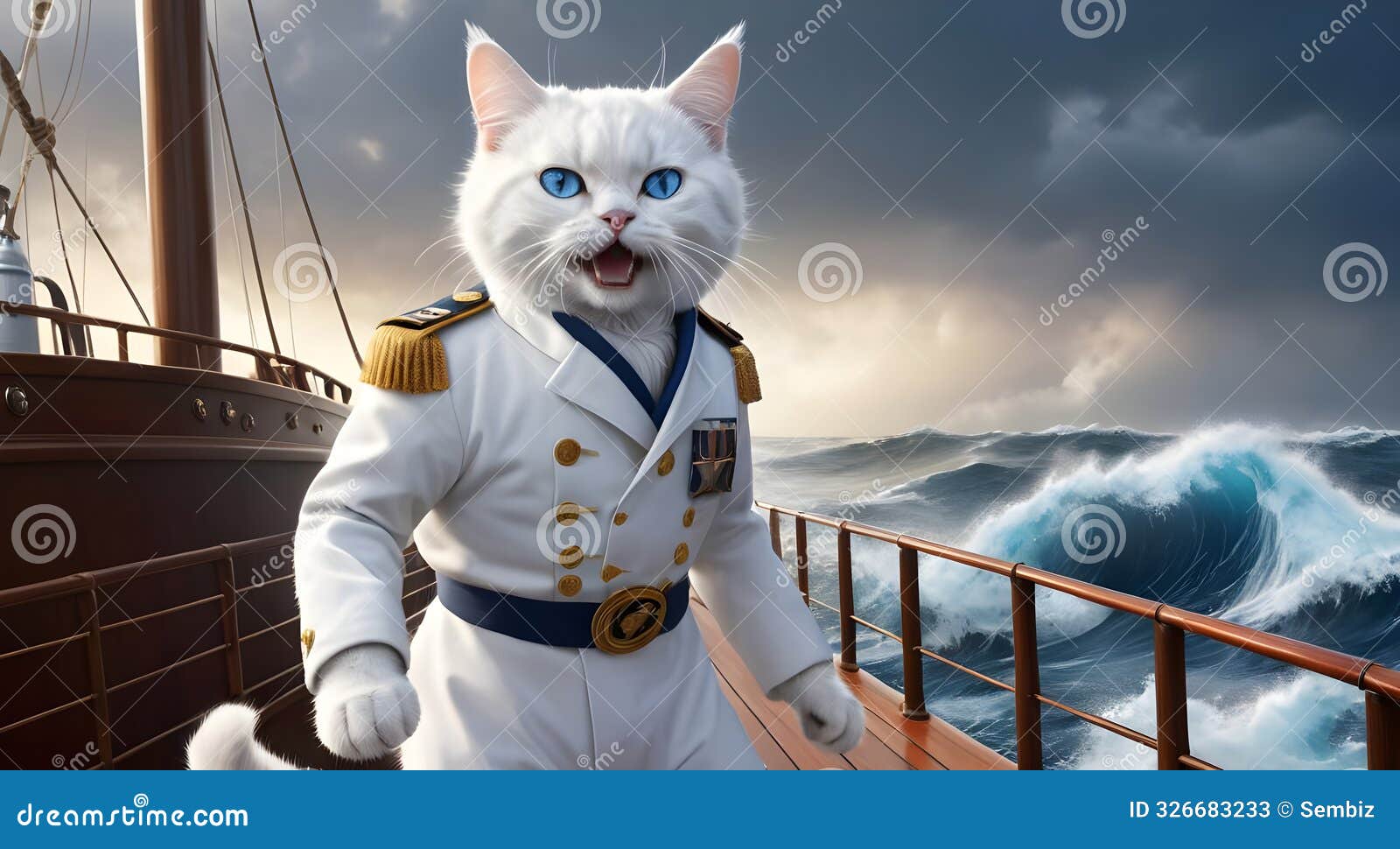 Cat in Sailor Uniform Standing on a Ship Deck with Stormy Ocean and ...