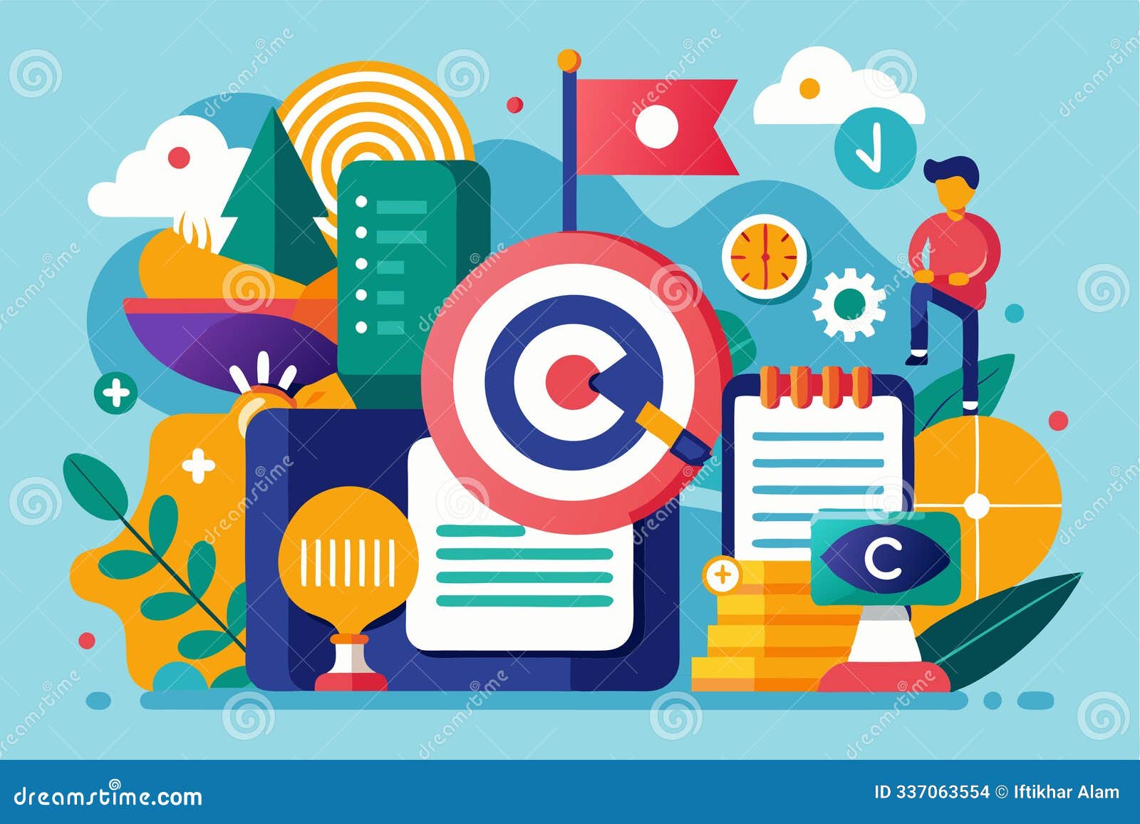 The Illustration Shows Colorful Objects Like Charts and Flags ...