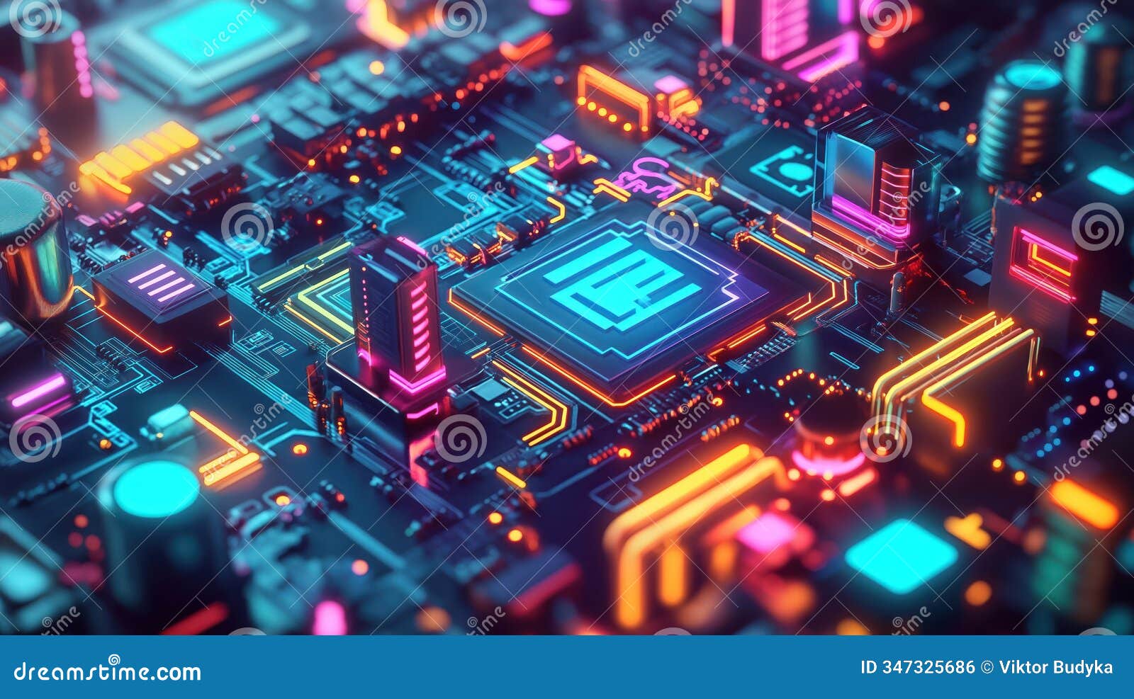 Illustration Shows Tech Circuit Board with Bright Neon Light Glow ...