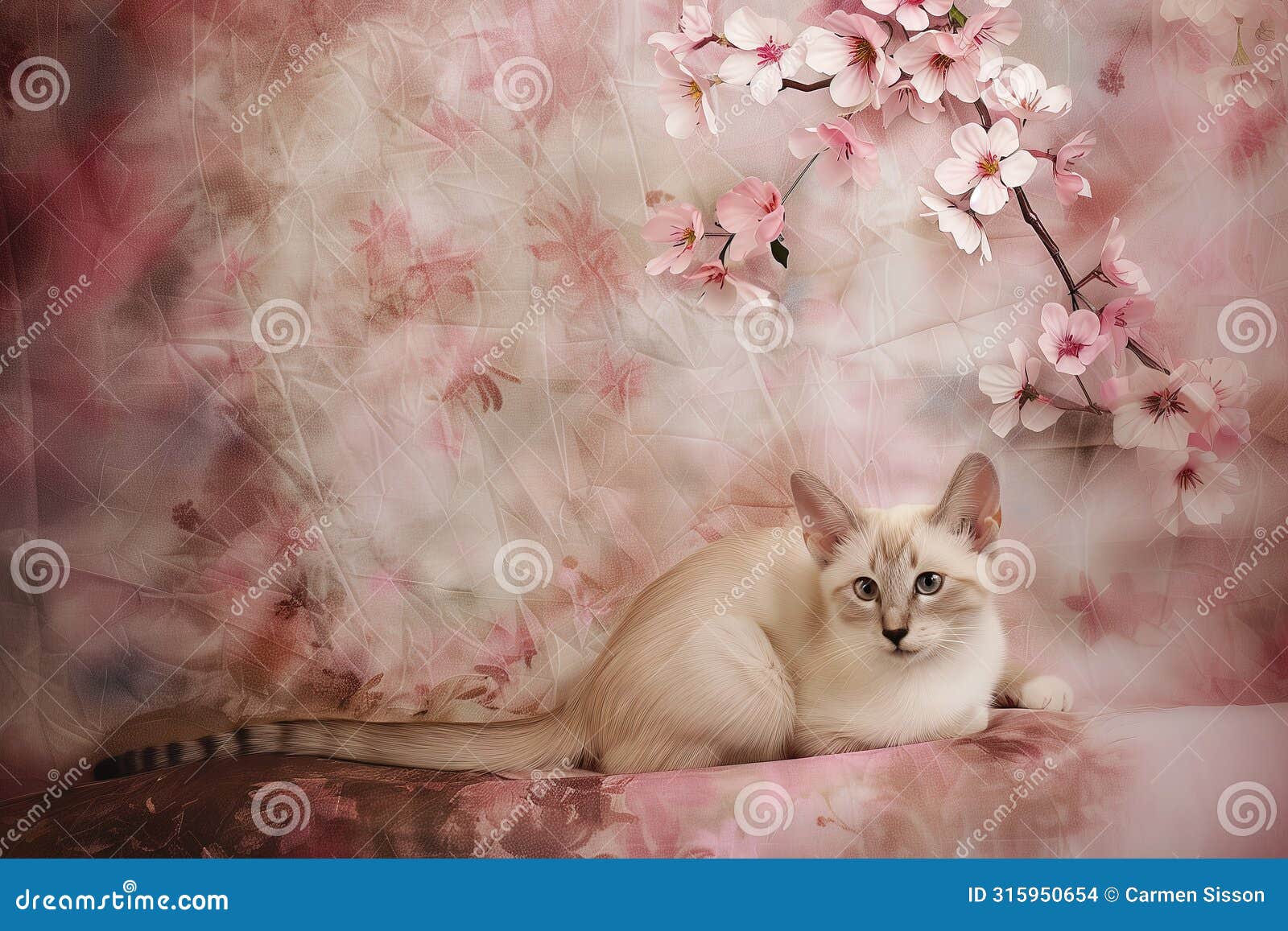 Illustration of Siamese Cat on Pink Floral Backdrop Stock Illustration ...