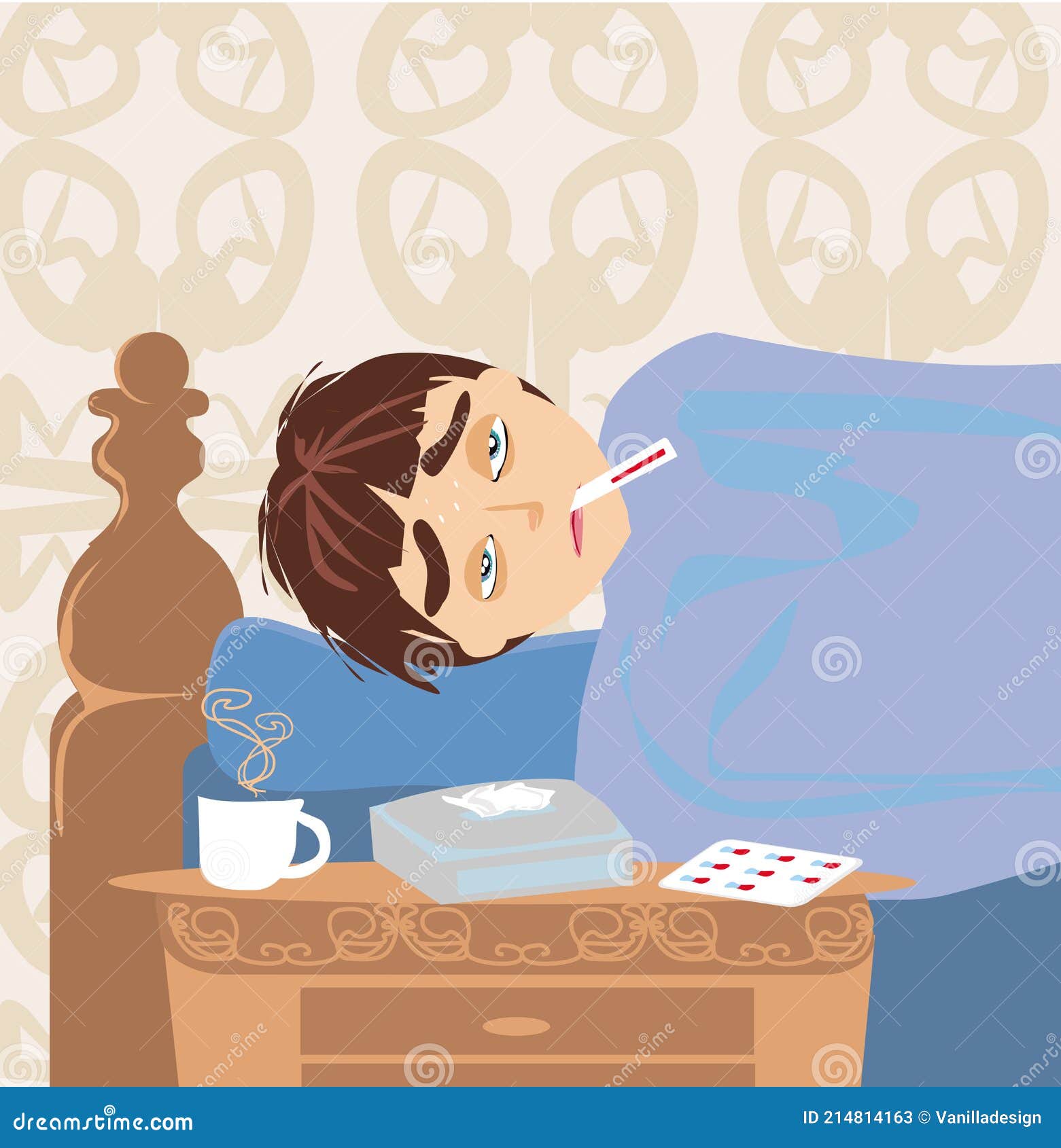 Illustration of a Sick Boy Lying in Bed Stock Vector - Illustration of ...