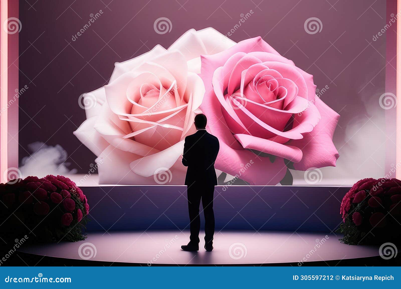 Illustration of Silouette of a Man Looking at the Pink Rose Flower. 3D ...