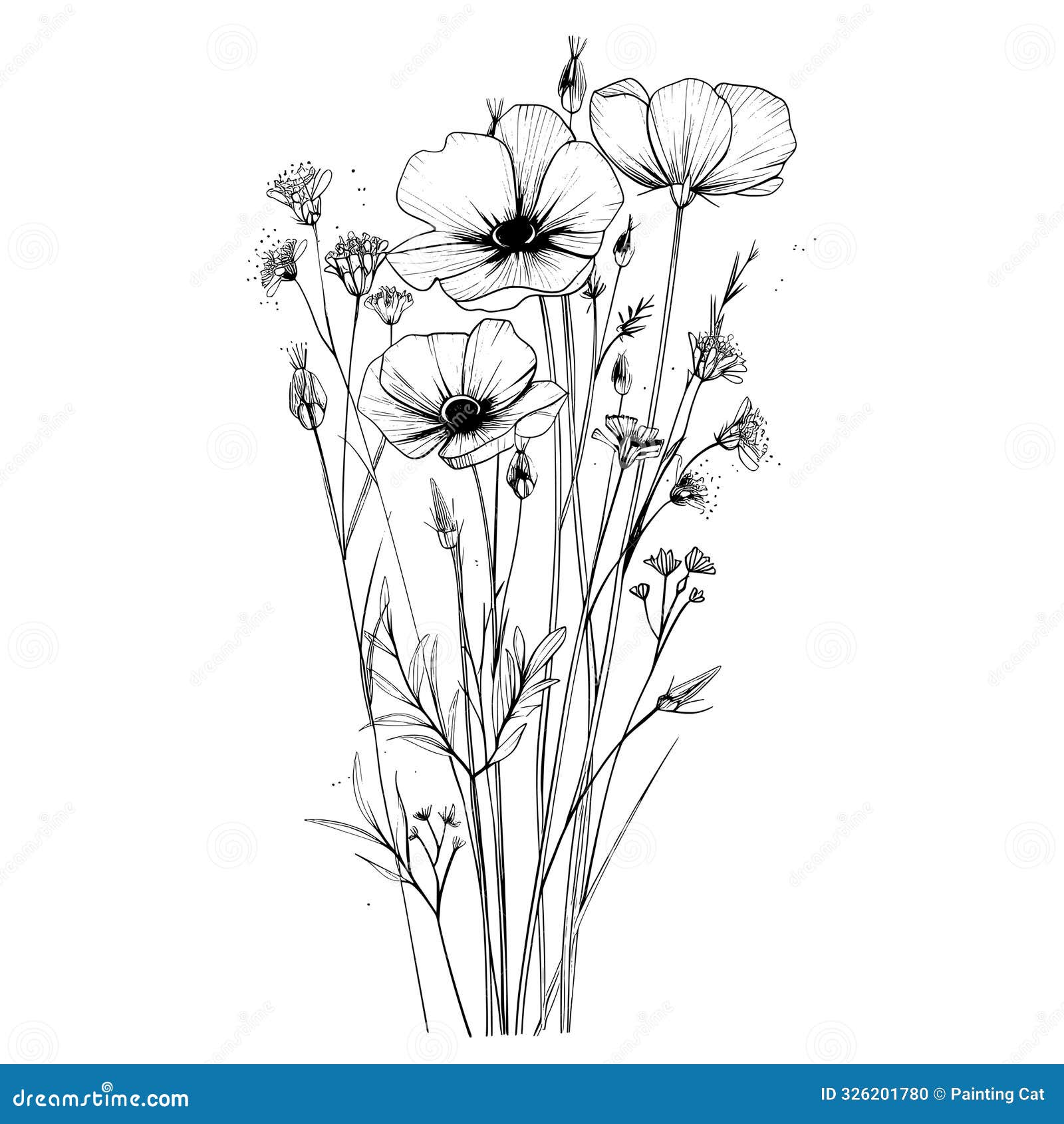 Featuring Simple Line Drawing of a Wildflower Bouquet. Stock Vector ...