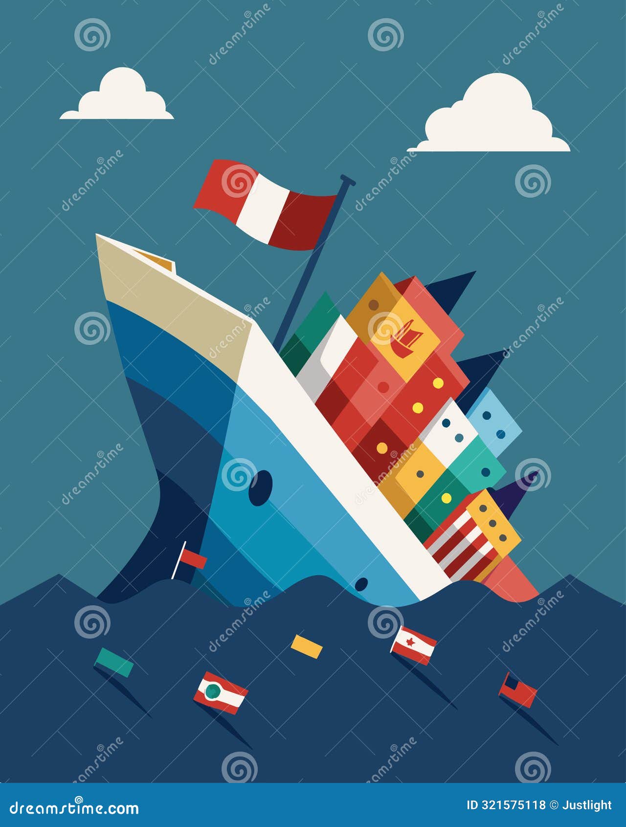 An Illustration of a Sinking Ship with Different Flags on it ...