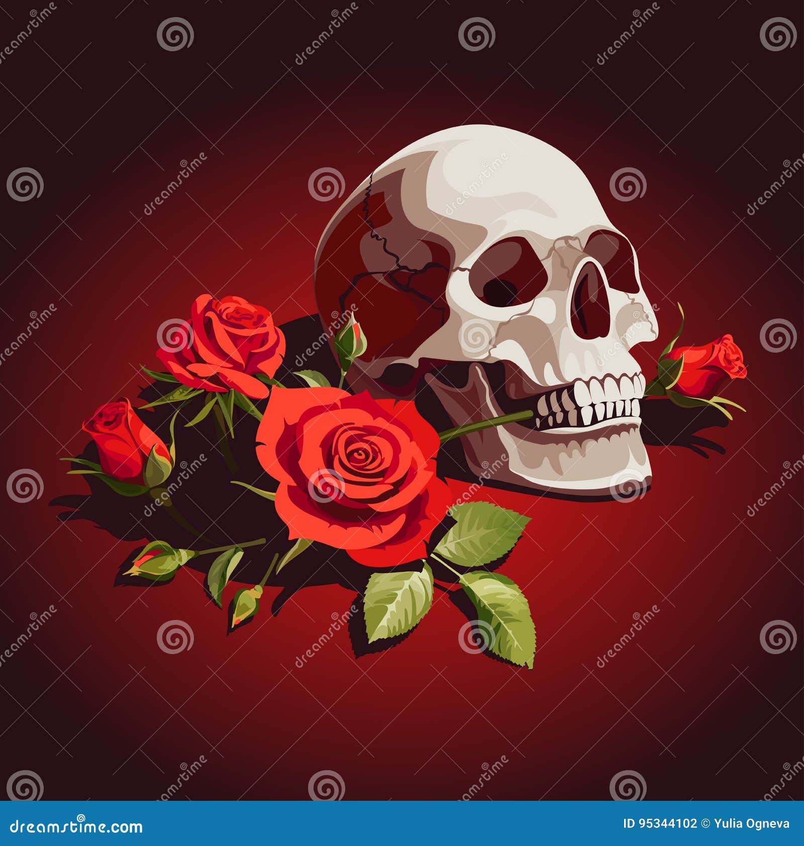 Illustration with Skull and Red Roses on a Dark Background Stock Vector ...