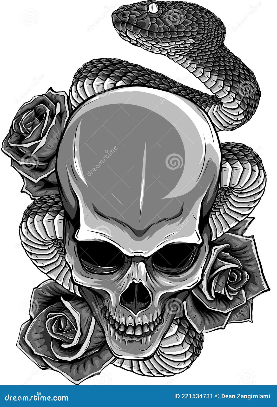 Skull And Roses. Dead Skeleton Head And Red Flowers, Hand Drawn Gothic ...