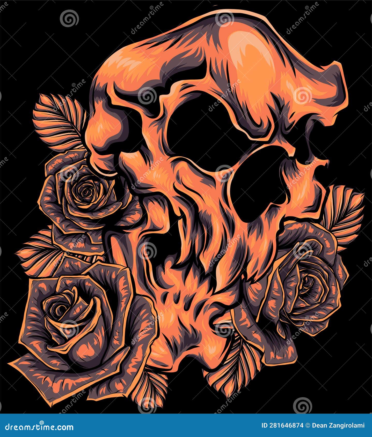 Vector Illustration of Skull with Roses on Black Background Stock ...