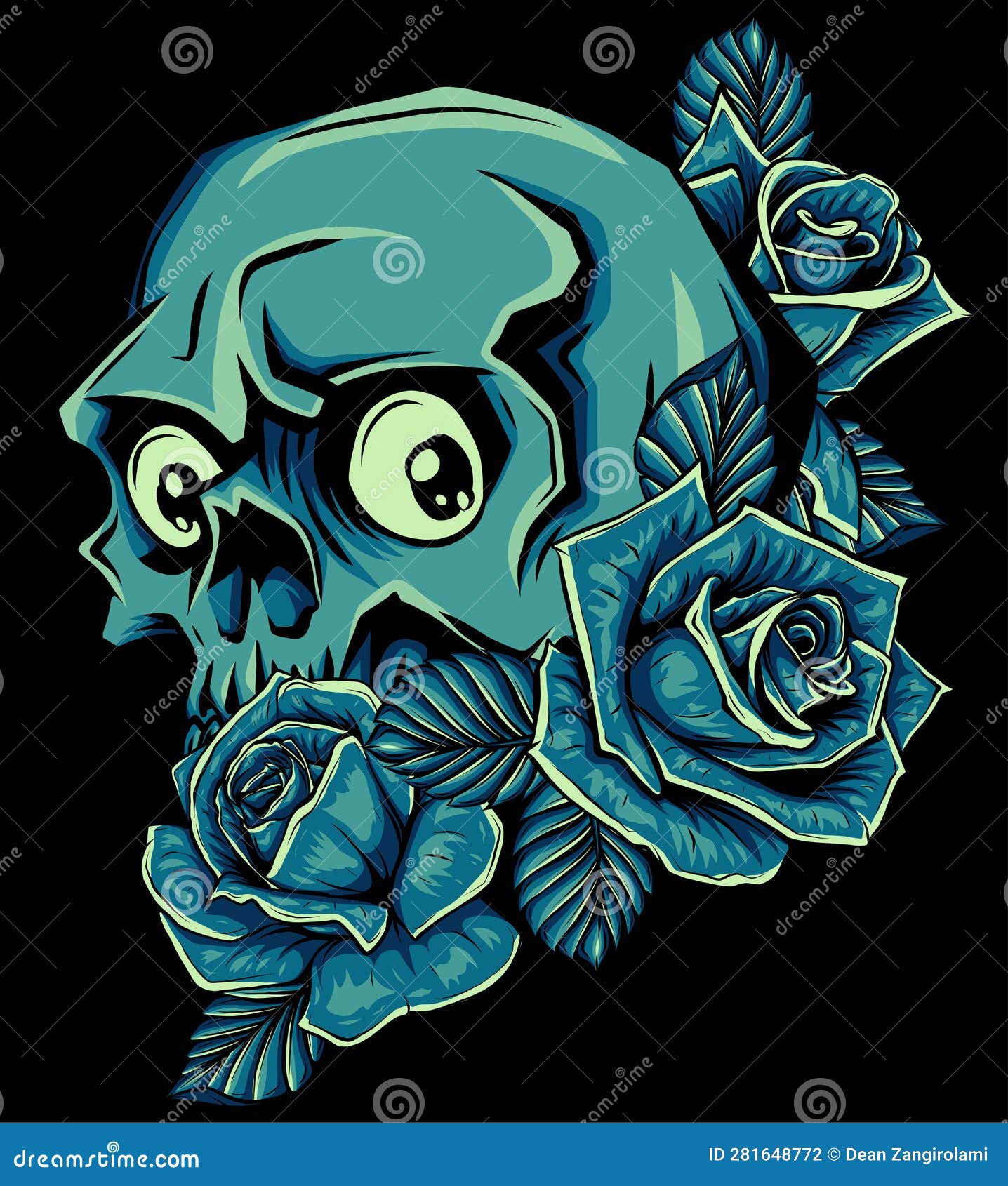 Vector Illustration of Skull with Roses on Black Background Stock ...