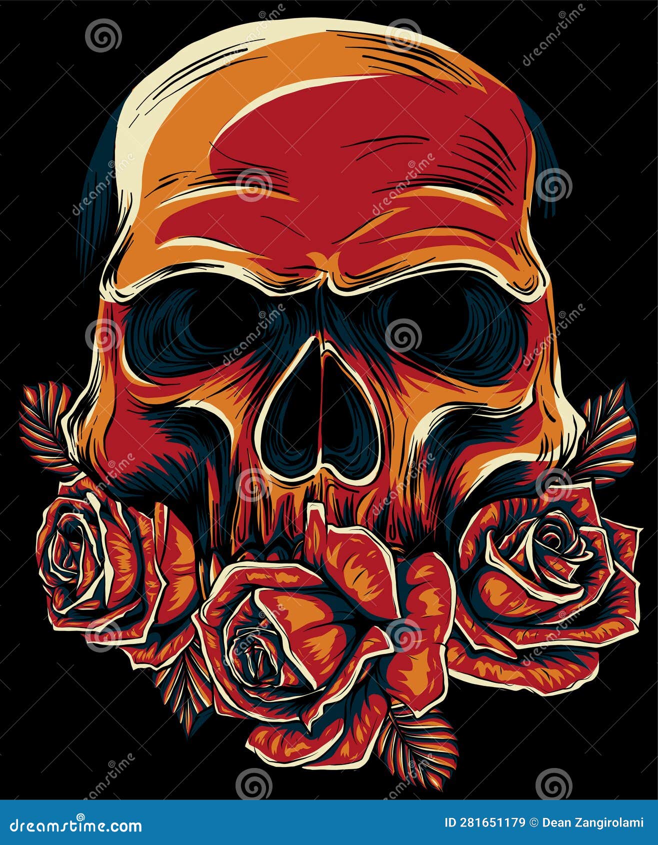 Vector Illustration of Skull with Roses on Black Background Stock ...