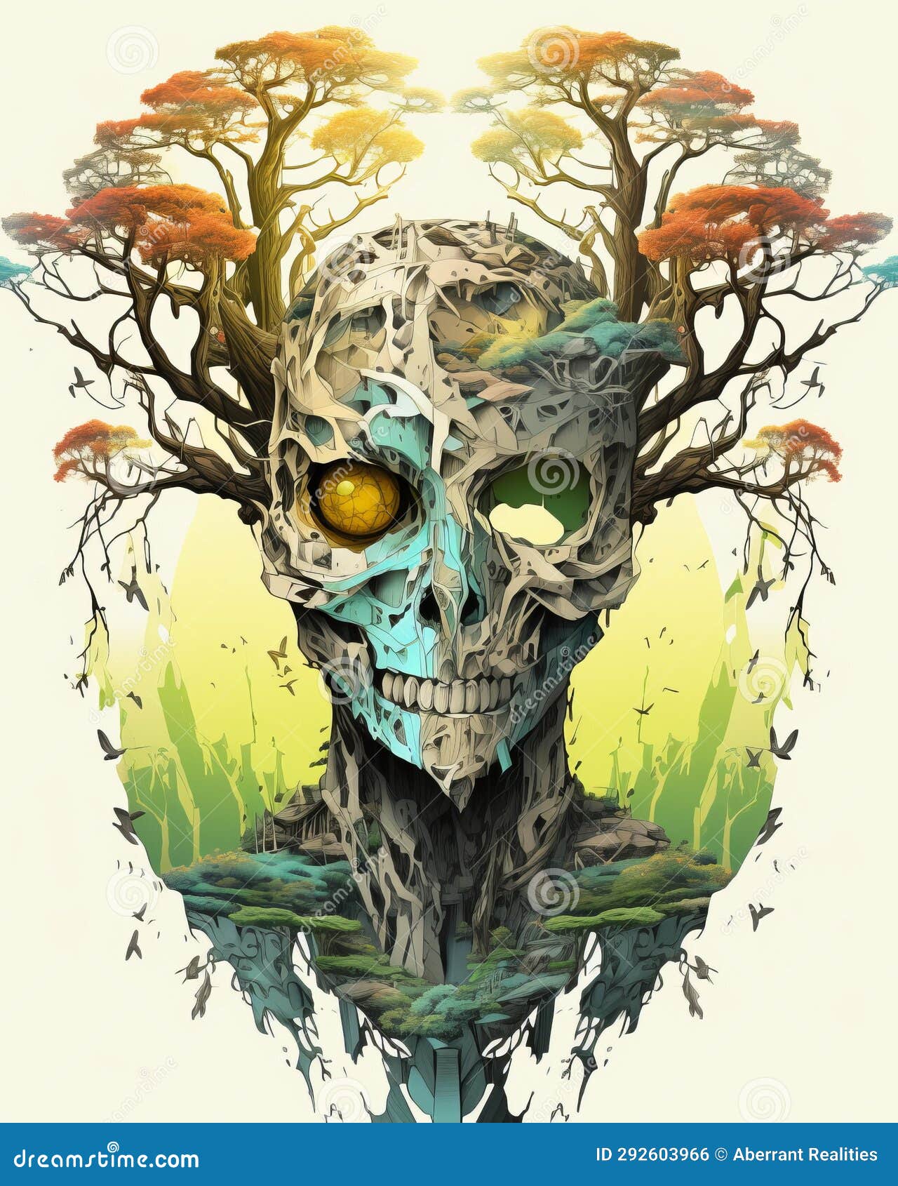 An Illustration of a Skull with Trees in the Background Stock ...
