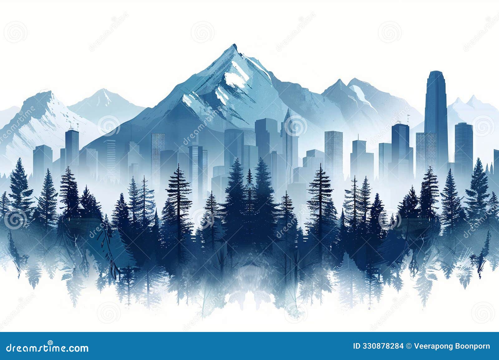 Illustration of Skyscrapers with Forest and Mountain, Animated Style on ...