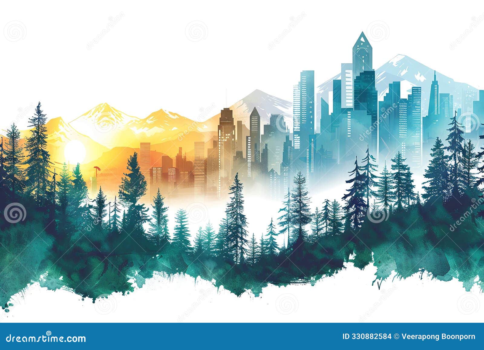 Animated Skyscrapers, White Background, Encircled By Coniferous Forest ...