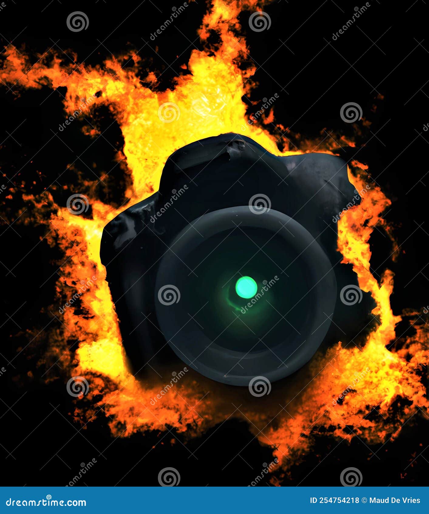Black Camera on Fire with Bright Orange Flames Stock Illustration ...