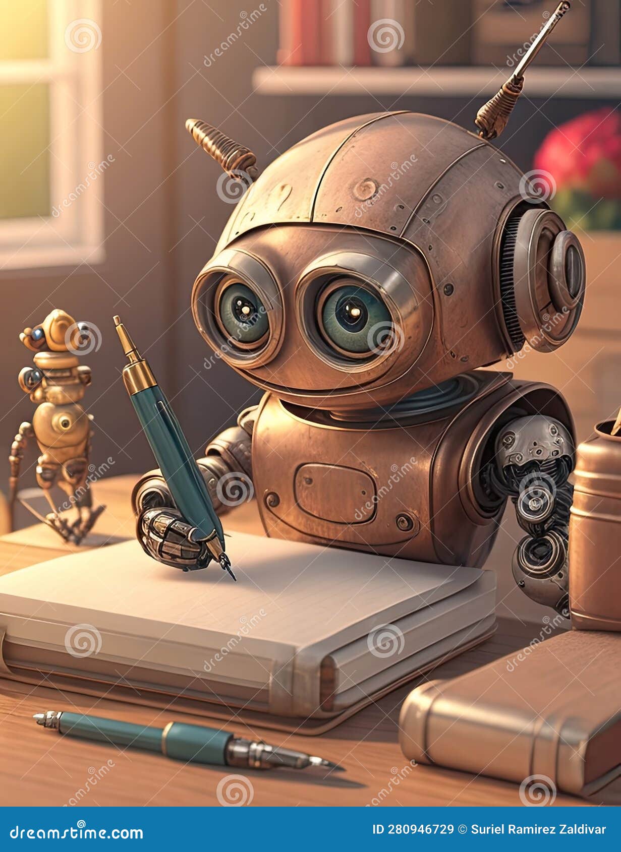 Illustration of Artificial Intelligence Small Cute Robot, Writing ...