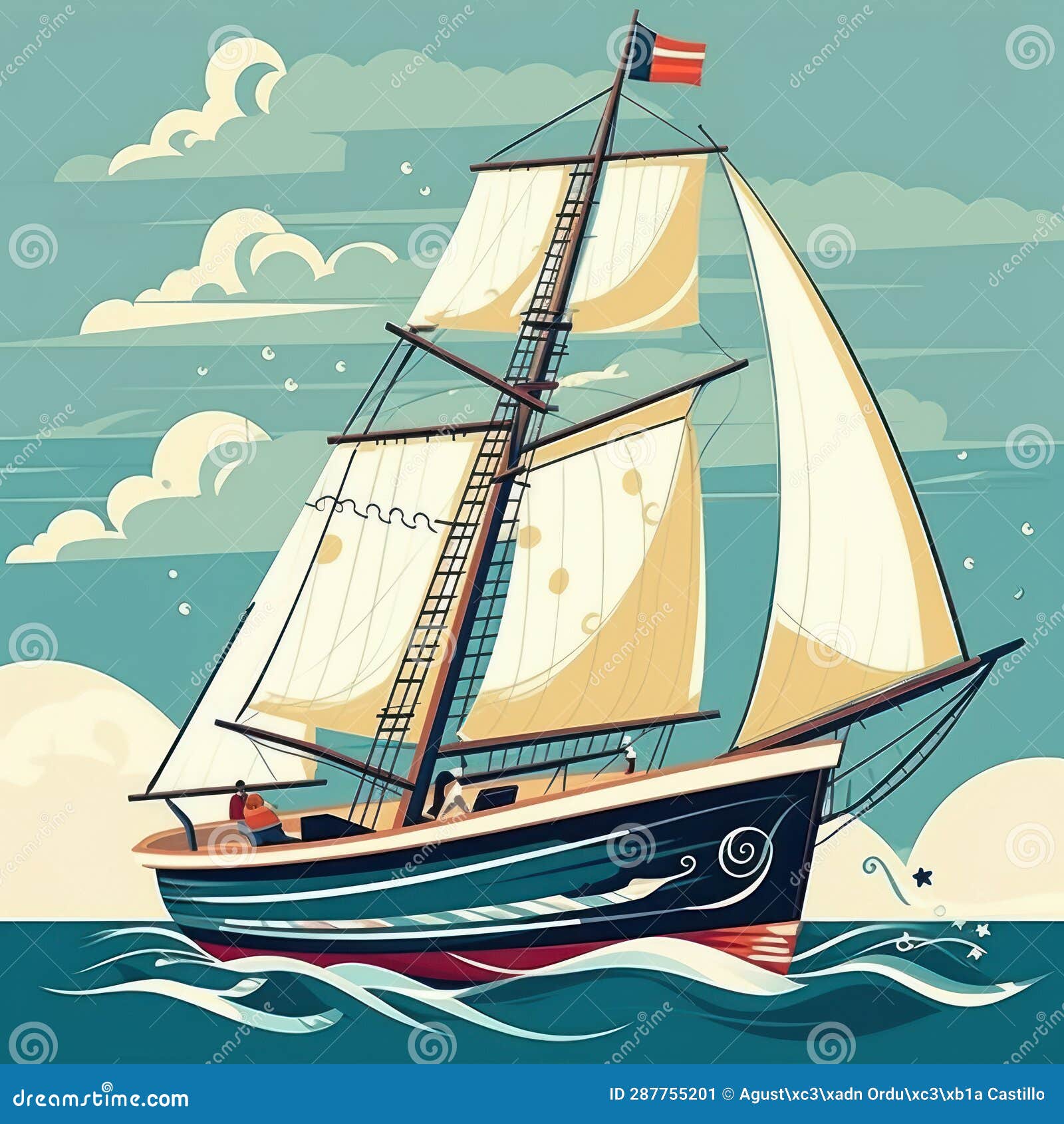 Illustration of a Small Sailboat Sailing on the High Seas. Stock ...