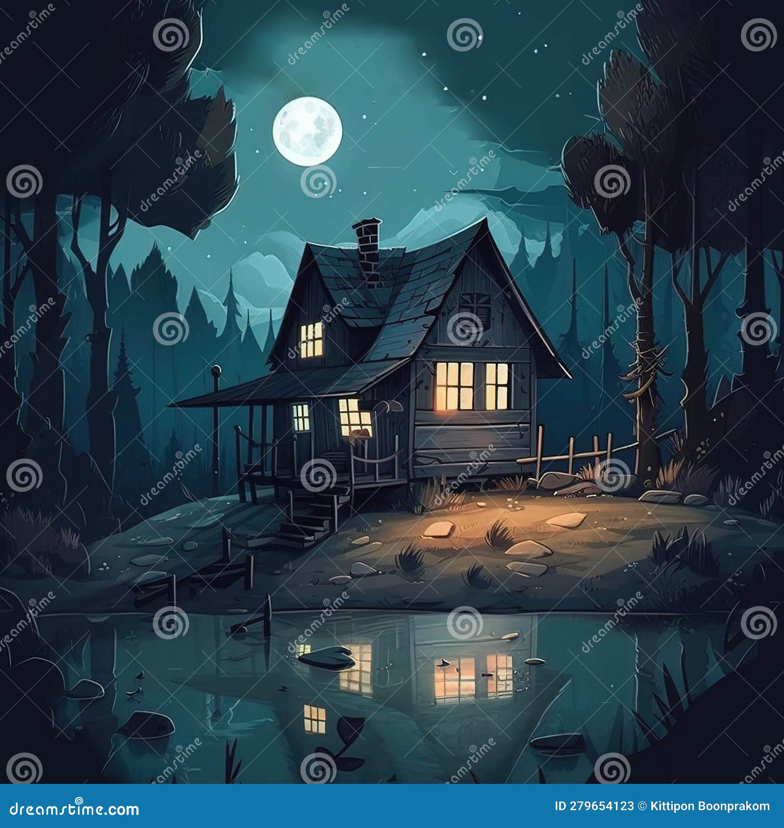 Illustration of a Small Wooden House in the Forest at Night Stock ...