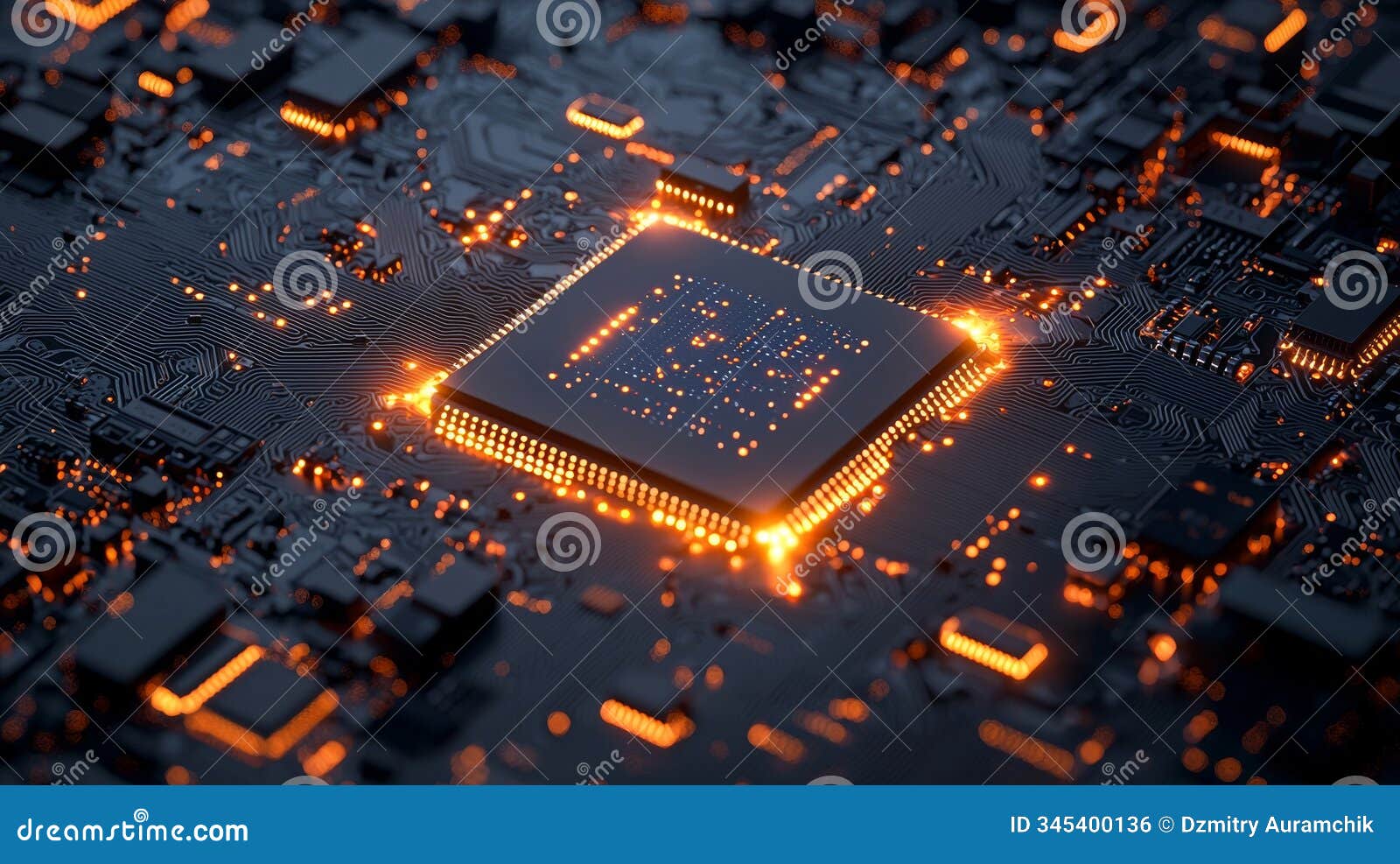 Illustration of a Smart Chip Processor with Buildings, Symbolizing the ...