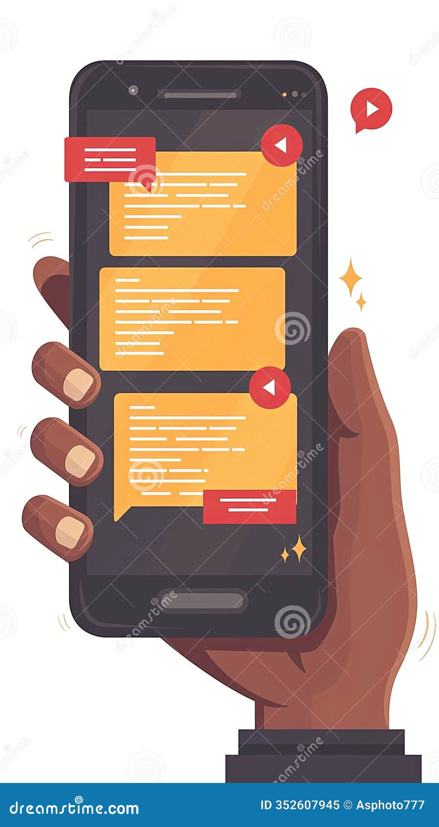 Illustration of a Smartphone with Text Messages Held in a Hand Stock ...