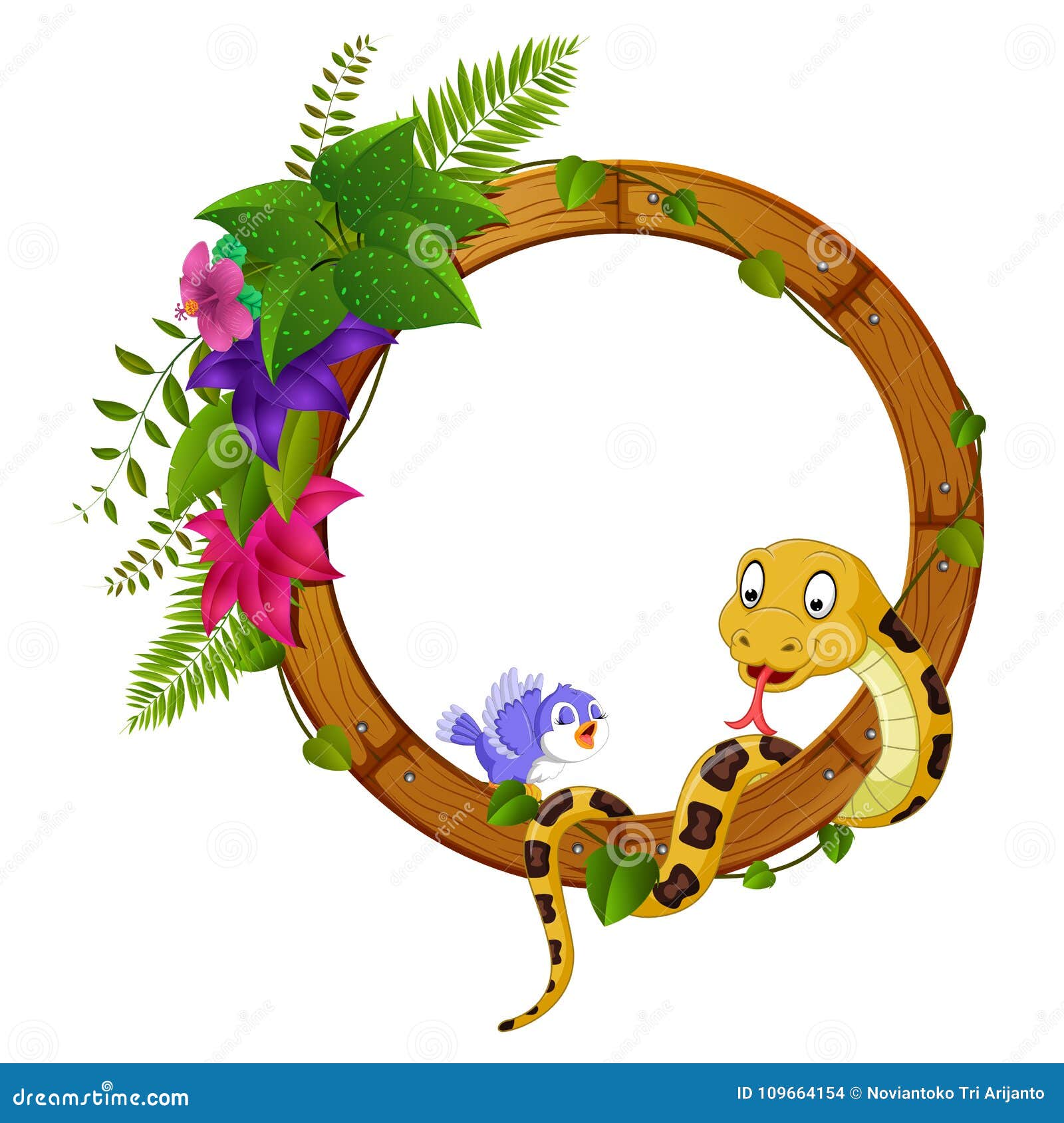 Snake and Bird on Round Wood Frame with Flower Stock Vector ...