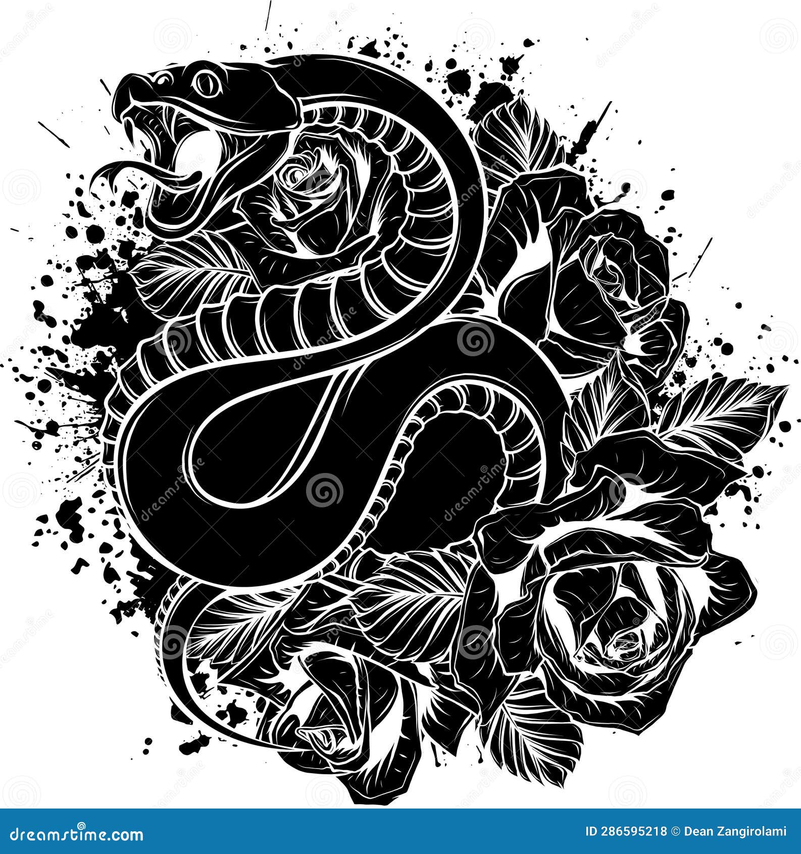 Black Silhouette of Snake with Roses and Leaves Stock Vector ...