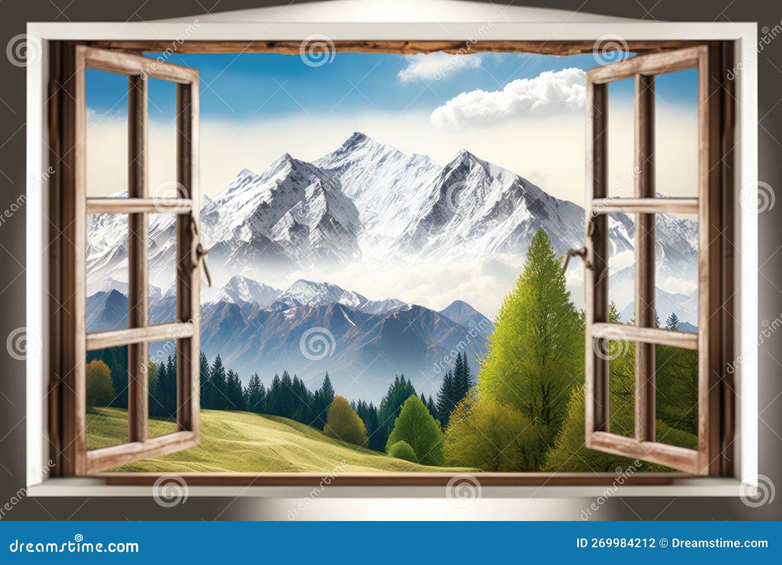 Illustration of Snow-covered Alpine Mountains, View from an Open Window ...
