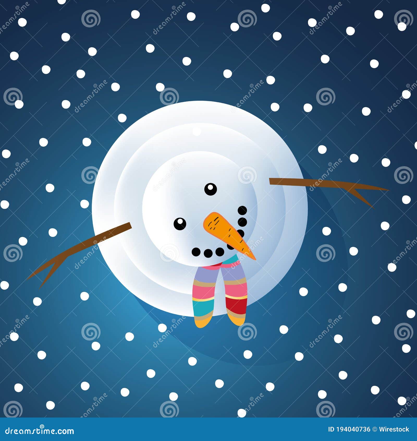 Illustration of a Snowman with a Scarf Looking Up during the Snowfall ...