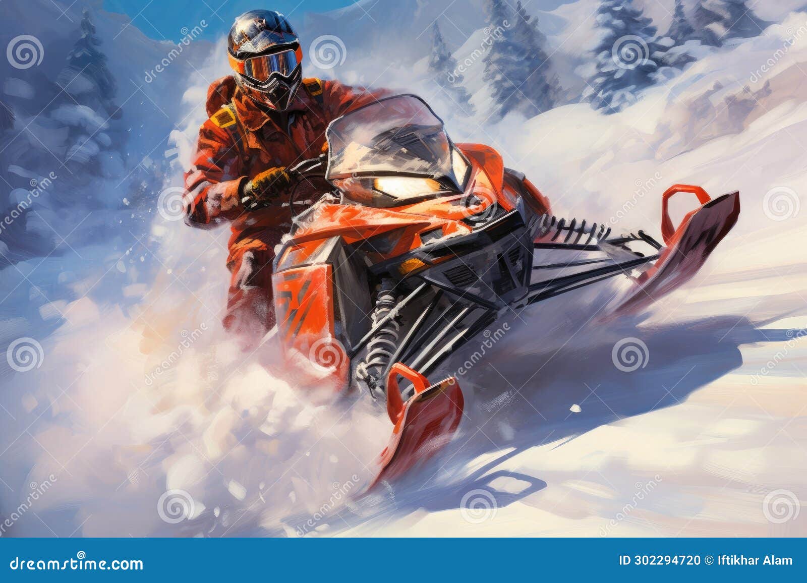 Illustration of a Snowmobile Rider on the Background of Mountains, AI ...